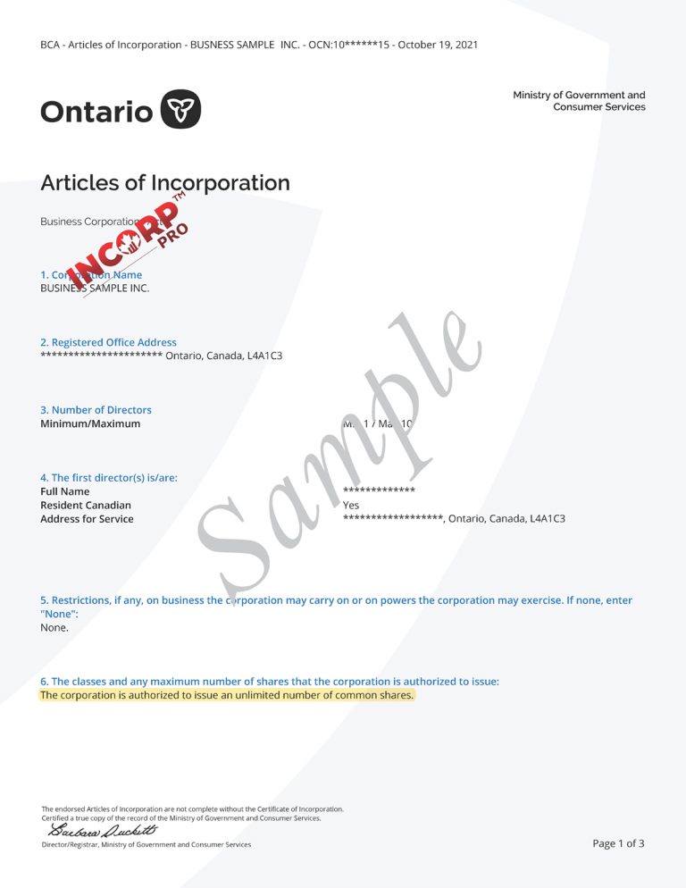 Sample for Ontario Articles of Incorporation