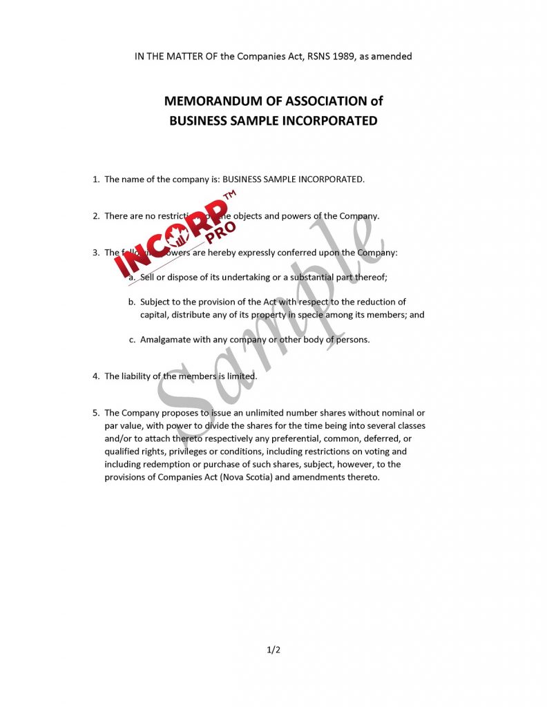 Sample of Memorandum of Association NS