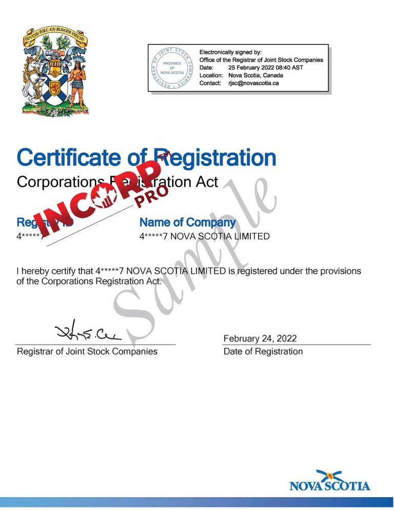 Certificate of Incorporation Nova Scotia